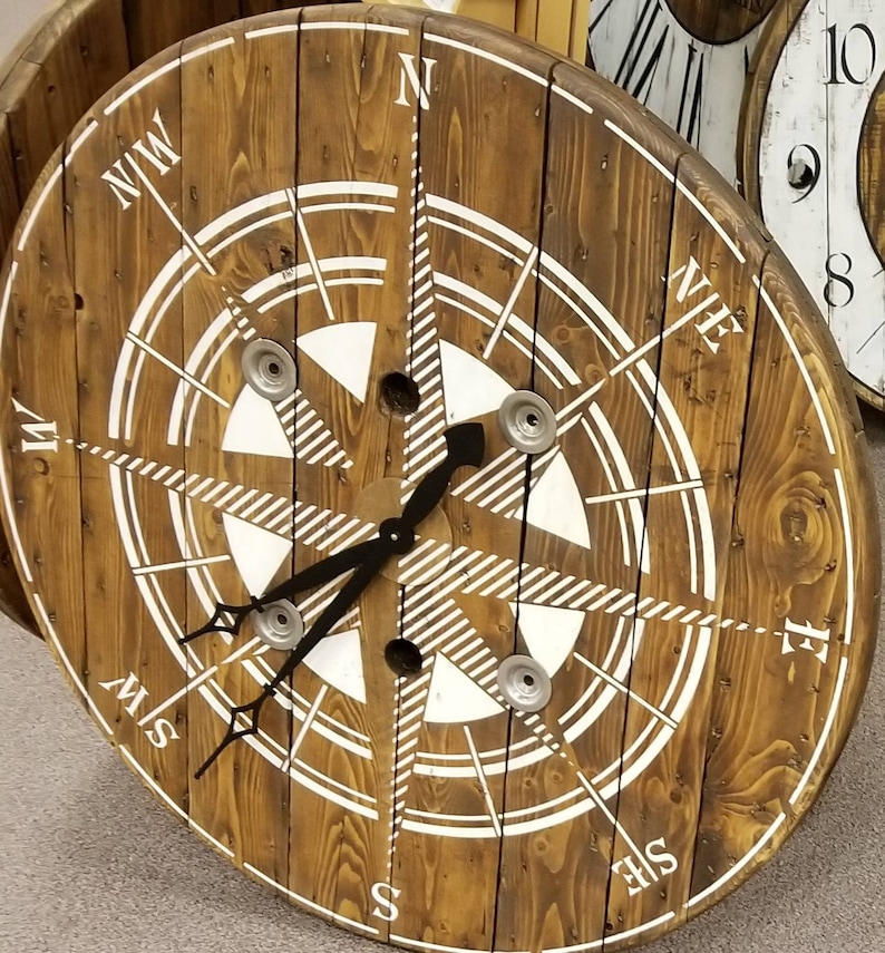 36 Inch Compass Cable Spool Clock /rustic Clock / Oversized - Etsy