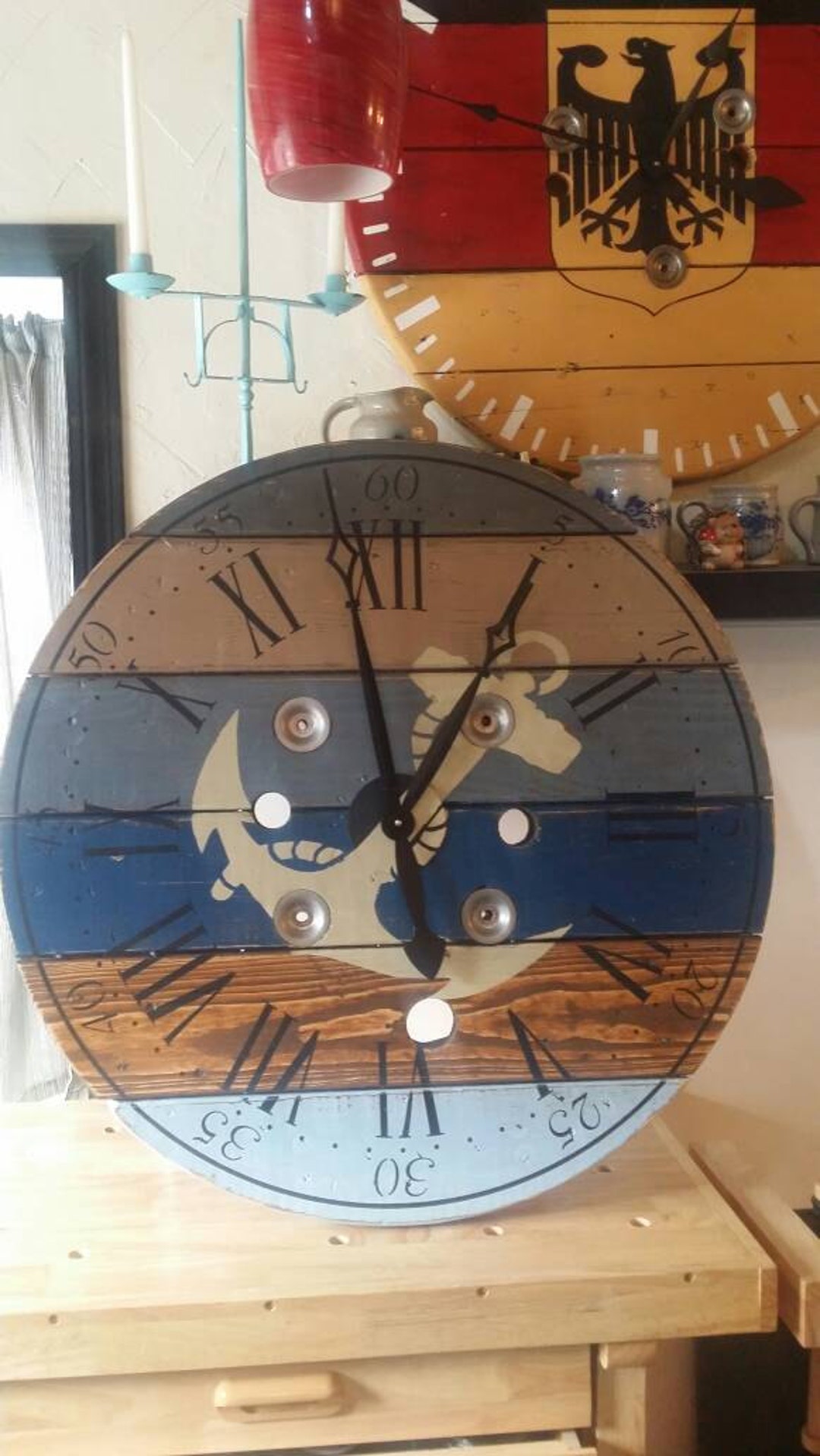Rustic 32 Inch Nautical Cable Wire Spool Clock /anchor Clock ...