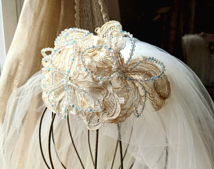 Vintage 1930s Lace and Beaded Wedding Veil, Juliet Cap - Etsy