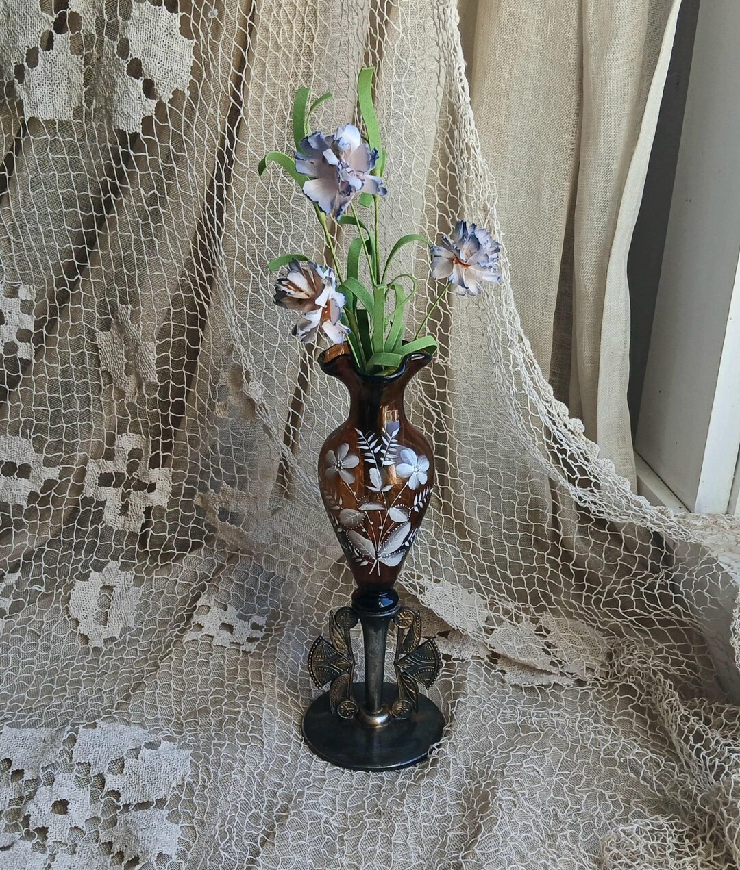 Antique Amber Bud Vase Silver Plate Base, White Enameled Flowers Dunham & Sons C 1890s - Etsy