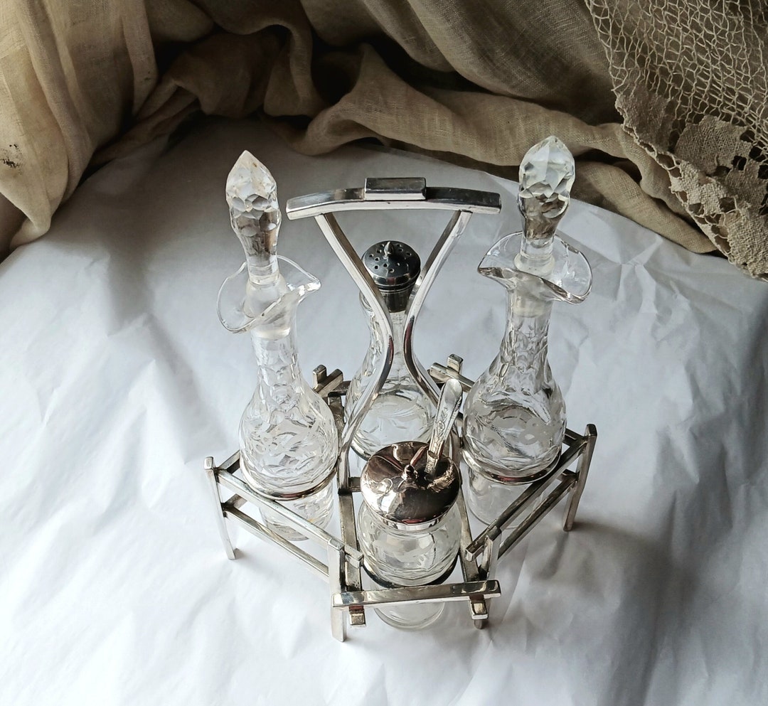 Victorian Etched Glass Cruet Set, Meriden Co. Silver Plate Condiment ...