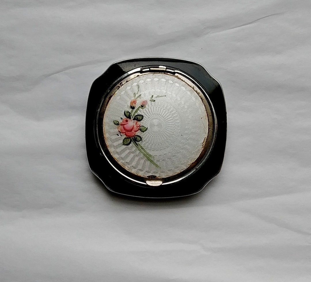 Vintage Powder Compact, Evans, Black Enameling, W/ Guilloche & Floral ...