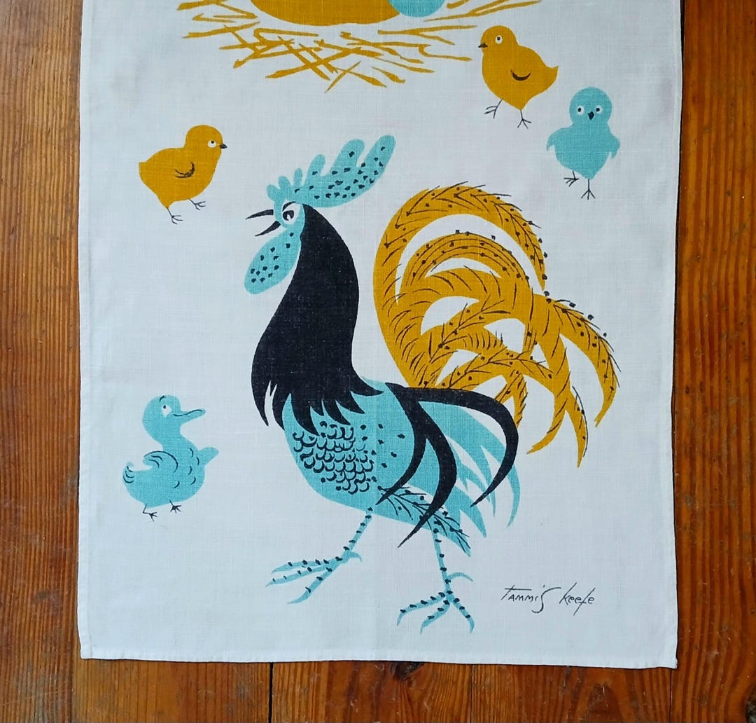 Vintage TAMMIS KEEFE Rooster/ Hen/ Chicks Designer Kitchen Towel Aqua ...