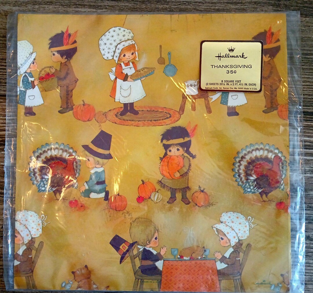 Hallmark Vintage Thanksgiving Turkey/ Pilgrims Gift Wrap New Old Stock ...