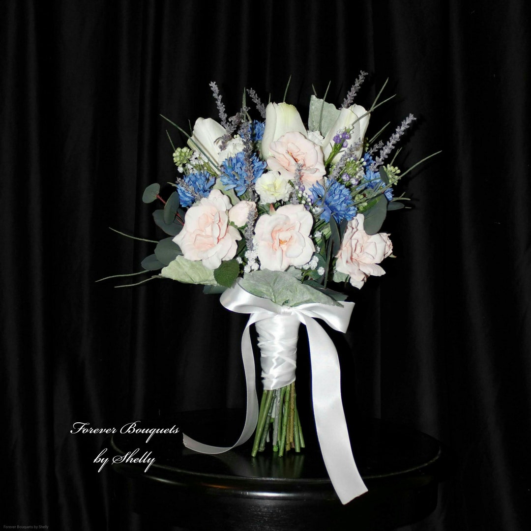 Brides Wildflower Wedding Bouquet With Blush Roses, Lavender, Ivory ...