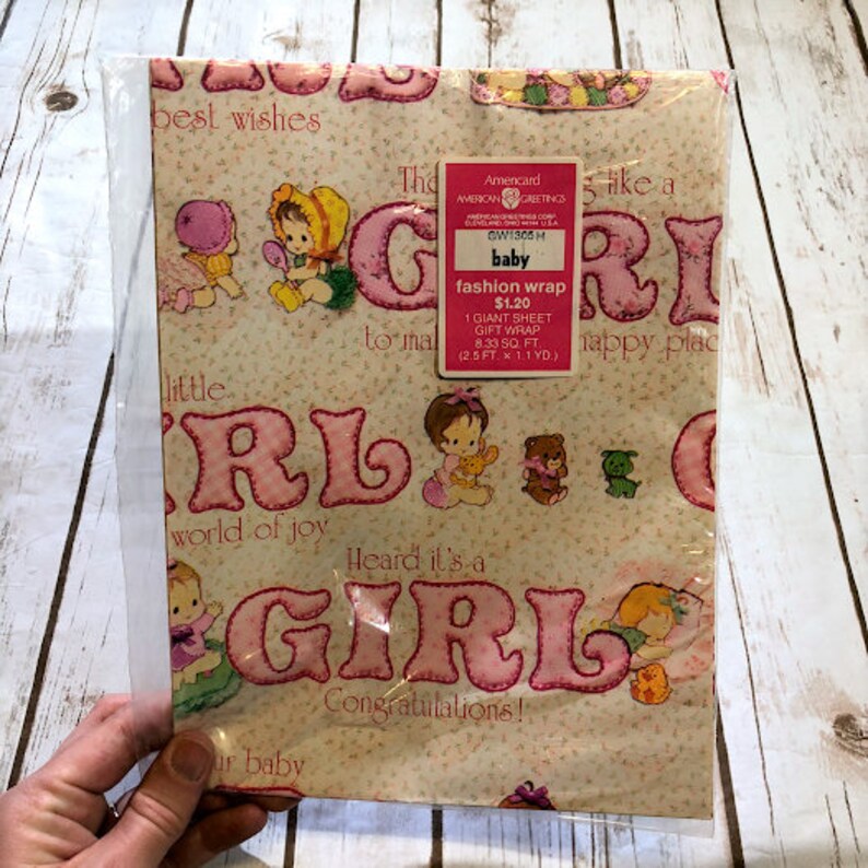 Vintage Gift Wrap, 70s Vintage Baby Shower Wrapping Paper, Girl Baby ...