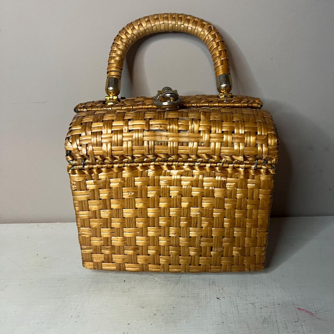 Vintage Rattan Woven Top Handle Basket Purse, 1950s Purse, 1960s Purse ...