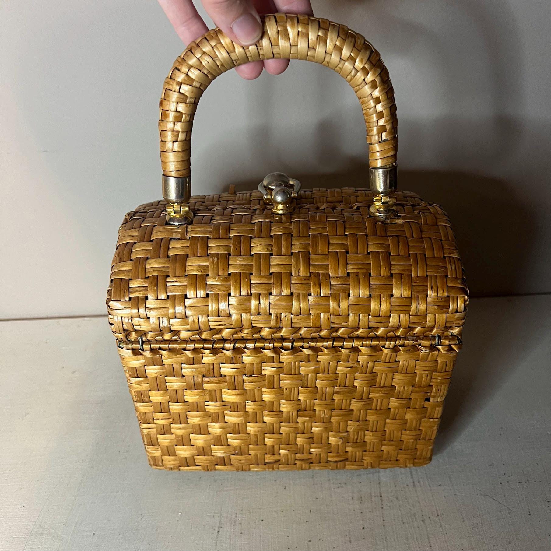 Vintage Rattan Woven Top Handle Basket Purse, 1950s Purse, 1960s Purse ...
