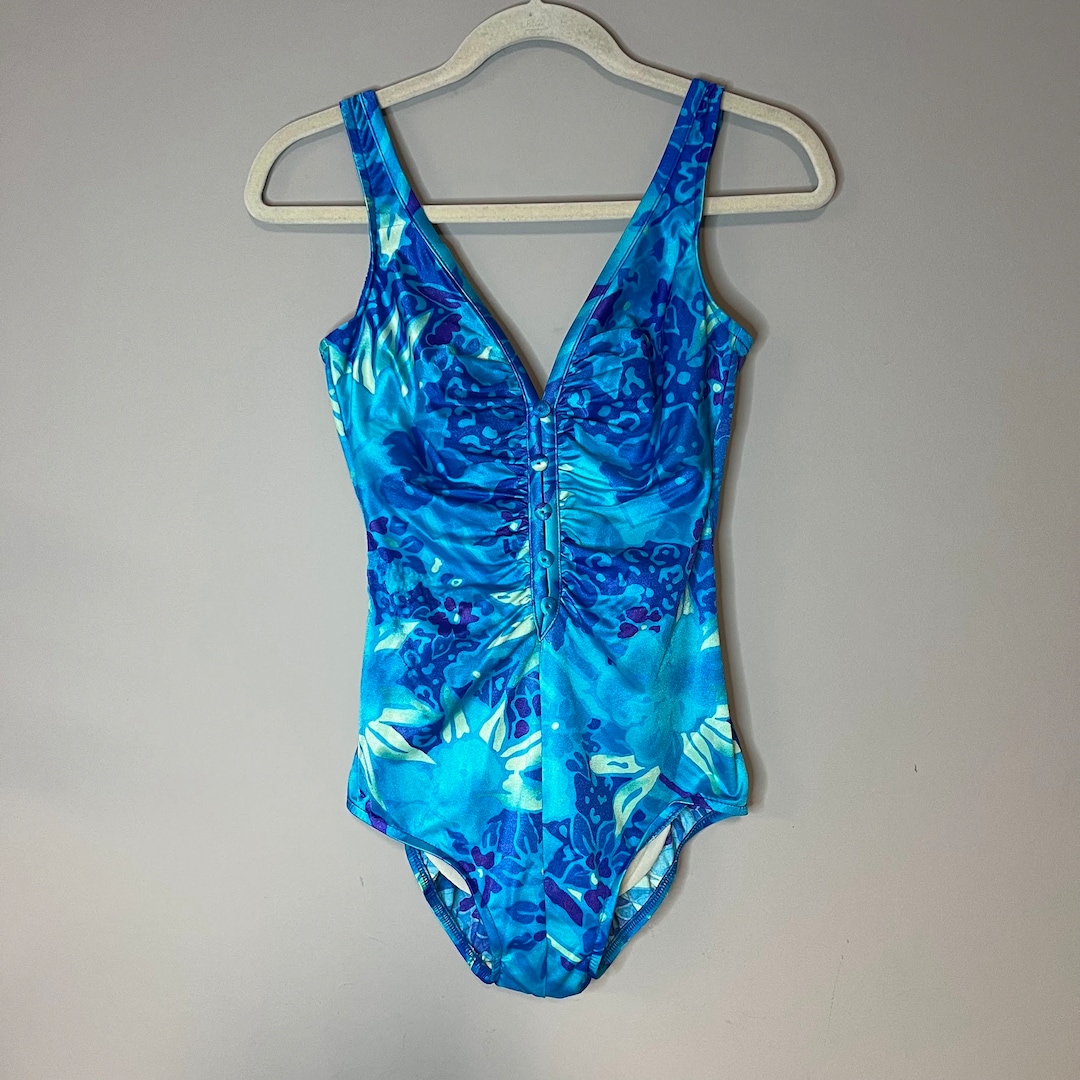 Vintage Tropical Floral Button Front Bathing Suit One Piece Swimsuit ...