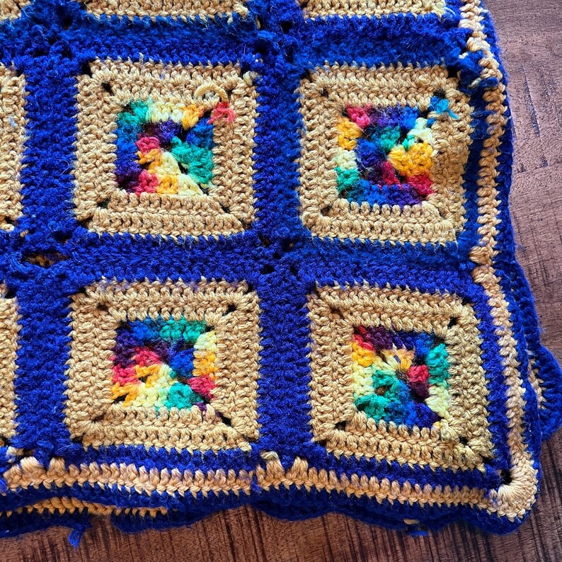 Vintage Granny Square Afghan Throw Royal Blue Mustard Yellow - Etsy