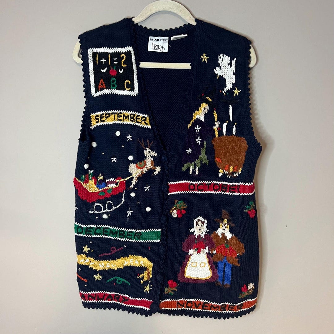 Vintage FALL Autumn Months Hand-knit Sweater Vest, Vintage Fall Vest ...