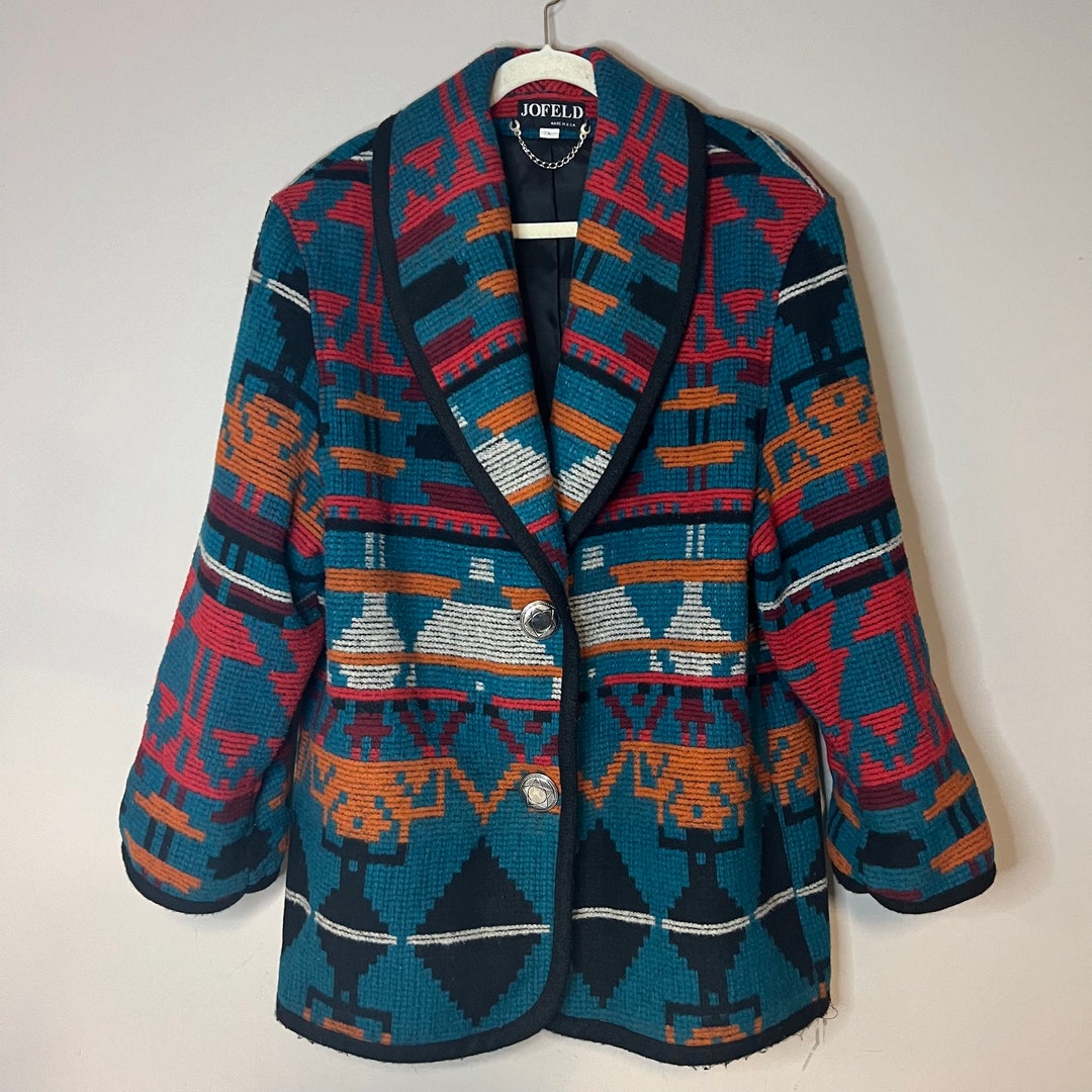 Vintage Jofeld Southwest Aztec Native Print Wool Blend Blanket Jacket ...