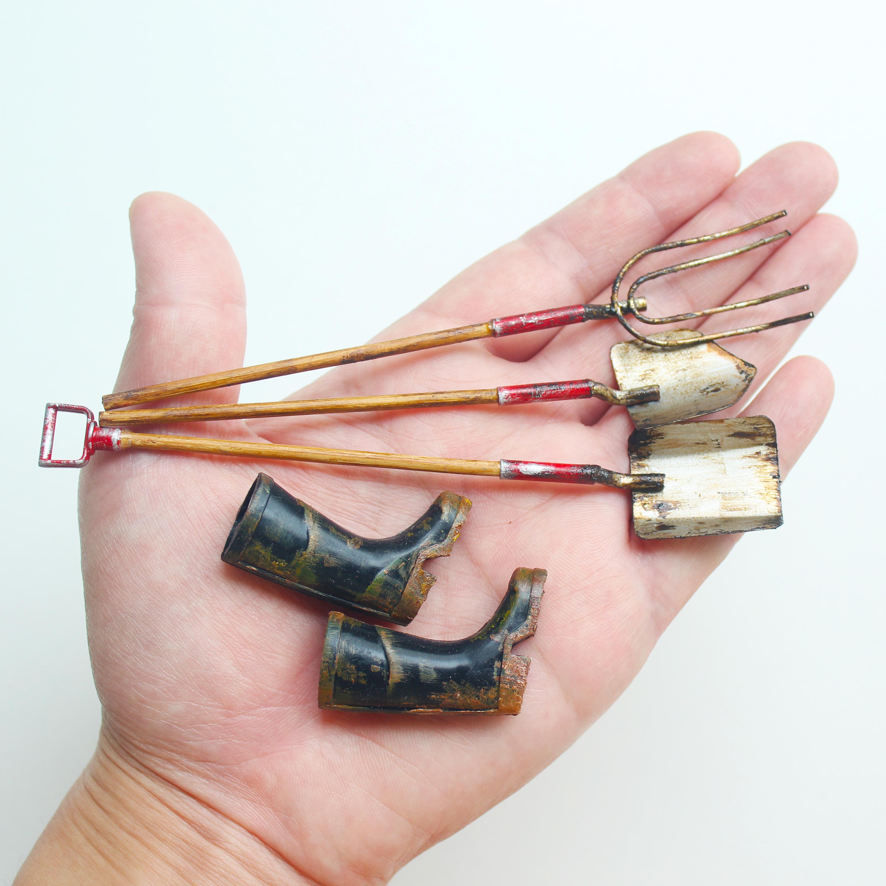 1/12 Scale Miniature Farm Tools & Dirty Boots - Dollhouse Diorama Set ...