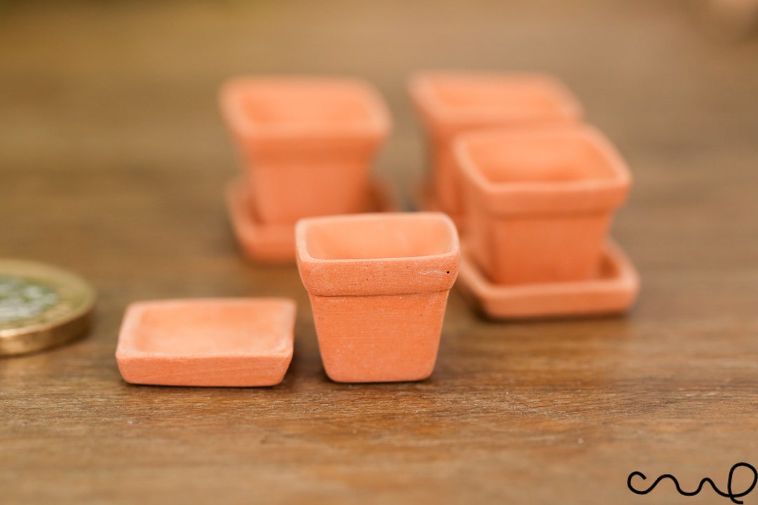 4 X Handmade Miniature Terracotta Pot & Tray 1:12 Dollhouse Pots Fairy ...