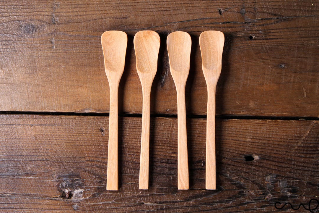 4 X Handmade Small Wooden Spoons Petal Head Teaspoons Sugar Salt 14.5cm ...