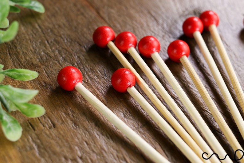 20 X Red Ball Head Wooden Cocktail Sticks Party Food Decor Toothpicks ...