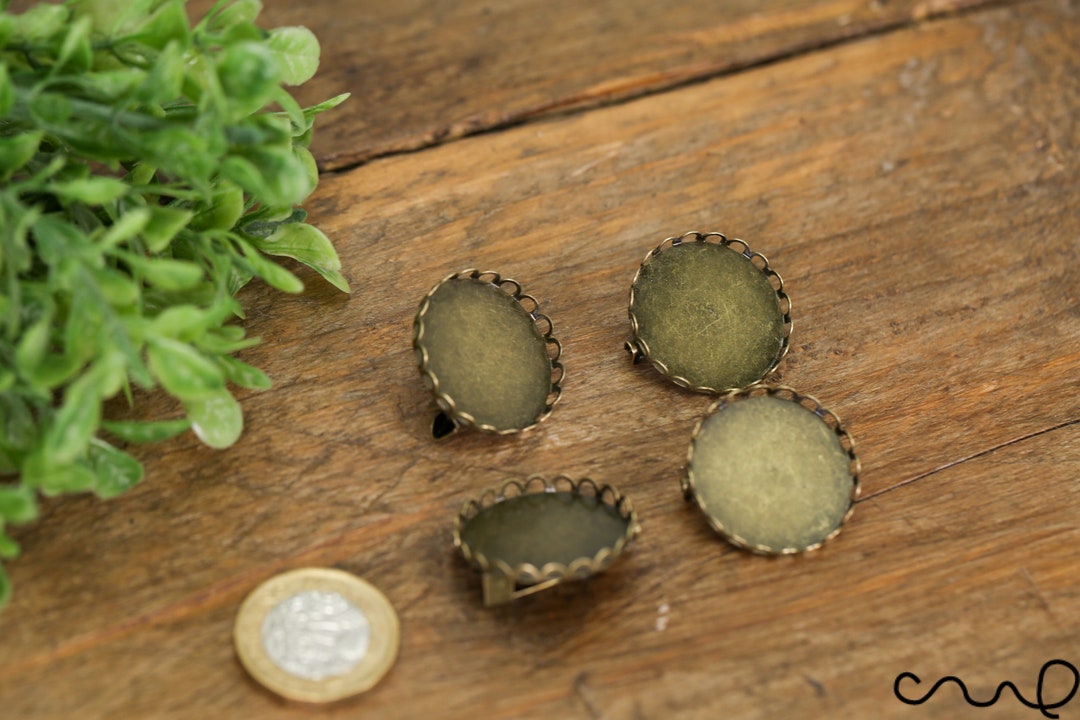 4 X Scalloped Brooches Back Antique Bronze Brass Flat Round Cabochon ...