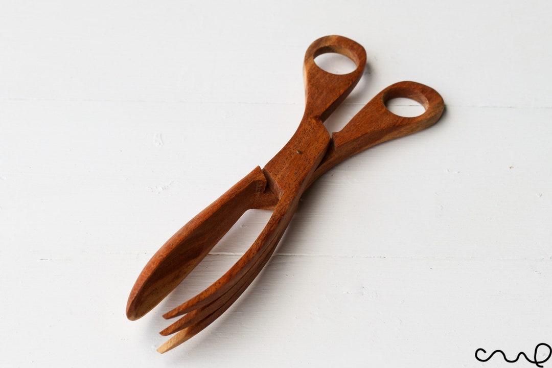 Wooden Salad Pair of Tongs Eco Friendly Fork Spoon Serving Scissors ...