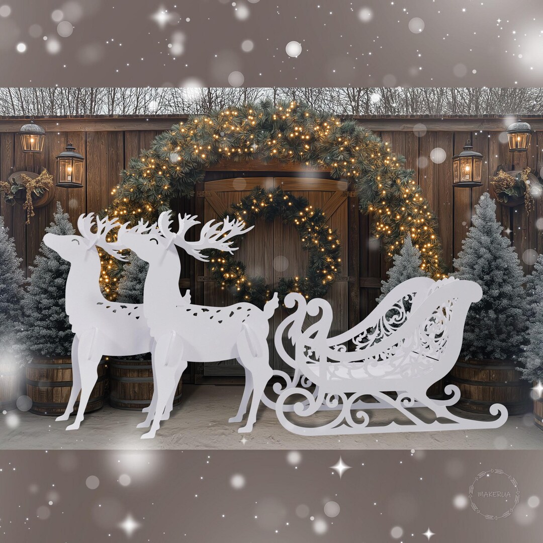 Sleigh and 2 Reindeers Set Life Size Christmas Decorations New Year ...