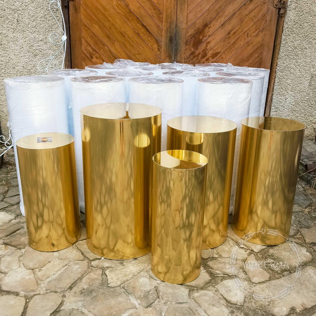 Golden Round Cylinder Plinth Display Stand Column Pillar Pedestal Table ...