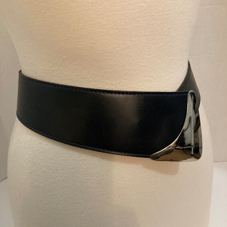 Vintage 1980s Calderon Navy Leather Wide Asymmetrical Statement Belt ...