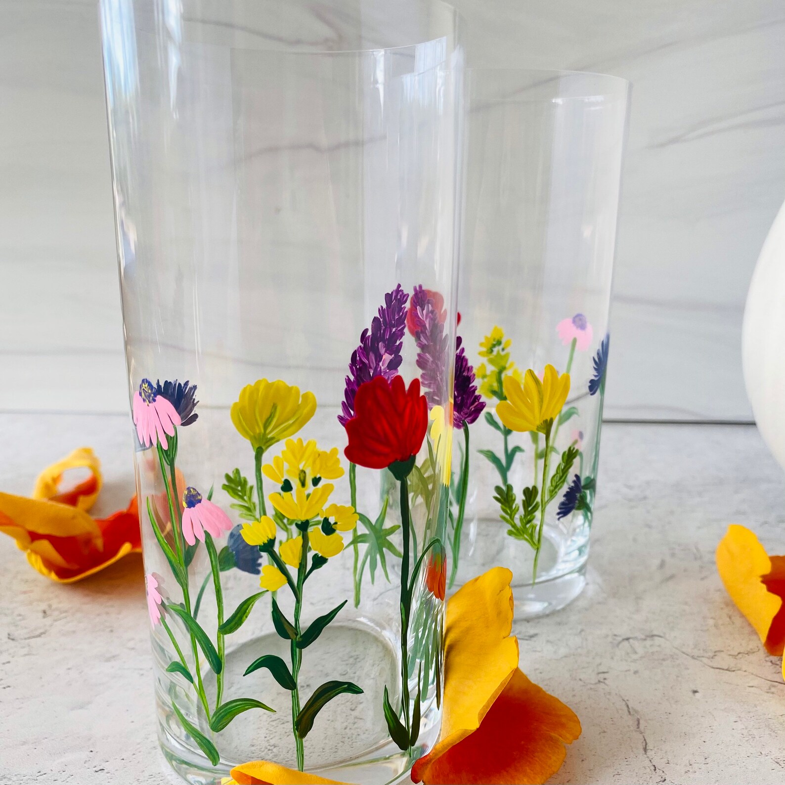 Wildflowers Hand Painted Glassware, Set of 2 Glasses, Mixed Flowers ...