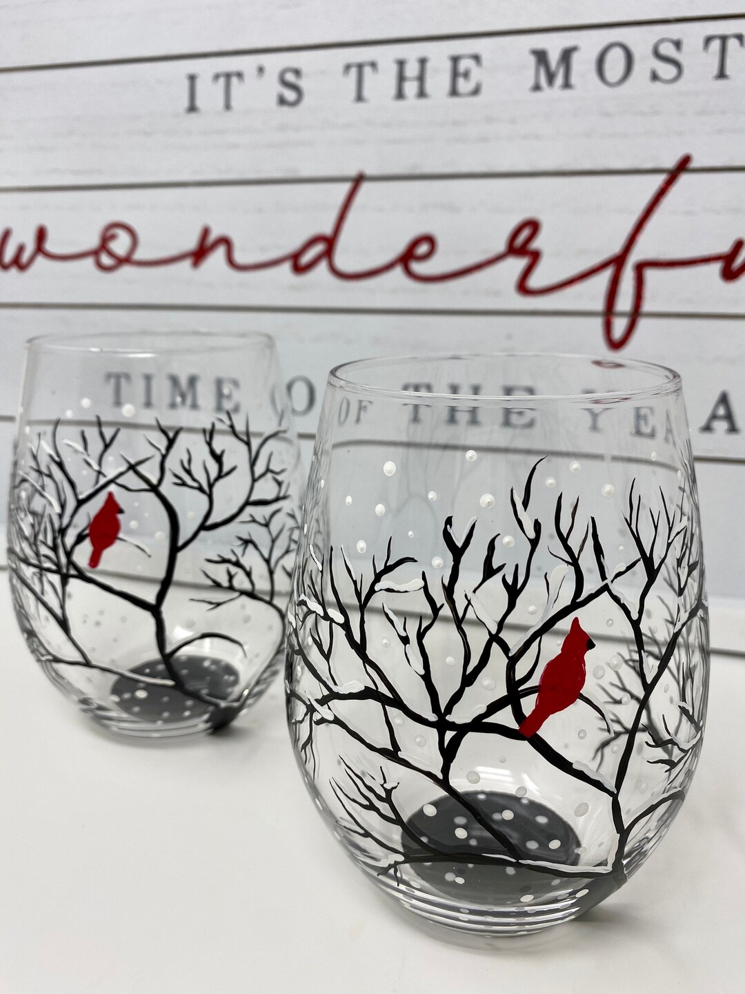 Cardinal Wine Glasses, Set of 2 Cardinal Tree Handpainted Glassware ...