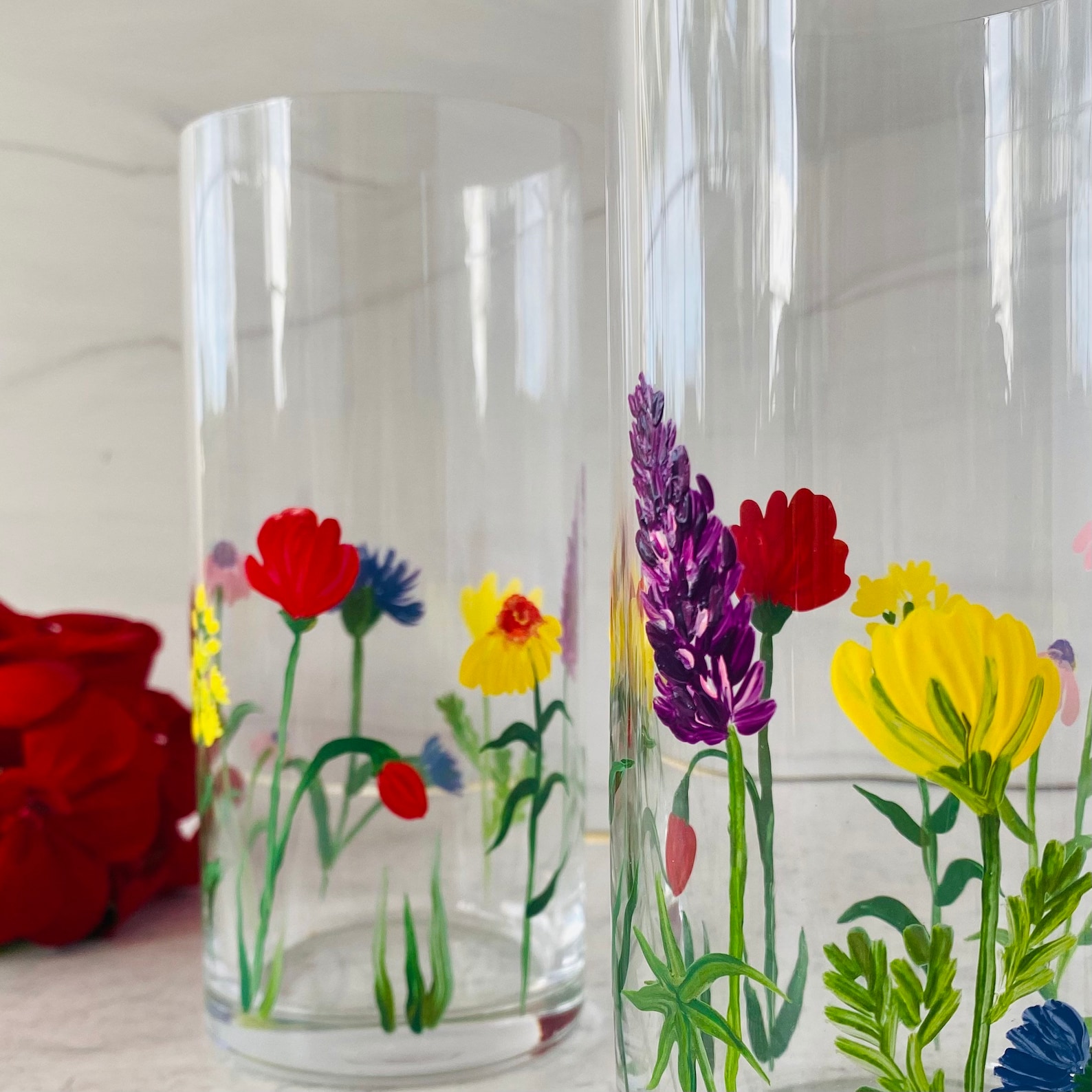 Wildflowers Hand Painted Glassware, Set of 2 Glasses, Mixed Flowers ...