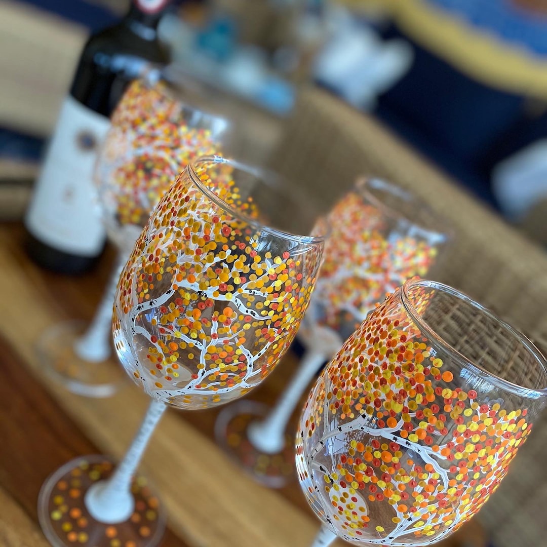 Autumn Painted Glassware, Handpainted 4 Seasons on Stemmed Glasses ...