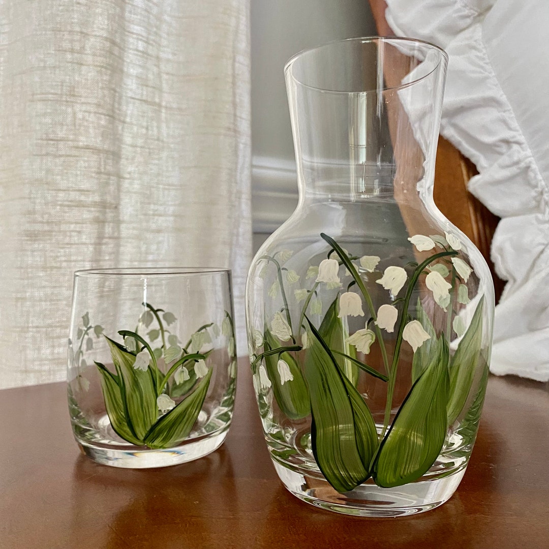 Lily of the Valley Bedside Water Carafe Set, Hand Painted Glass Carafe and Tumbler for Bedroom ...