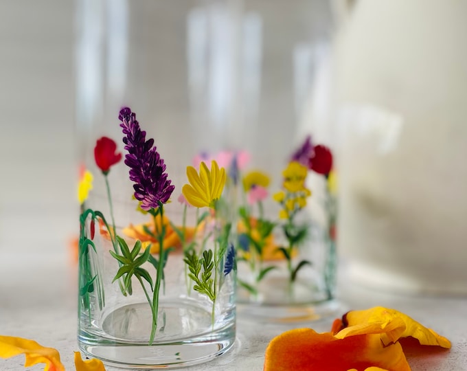 Wildflowers Hand Painted Glassware, Set of 2 Glasses, Mixed Flowers ...