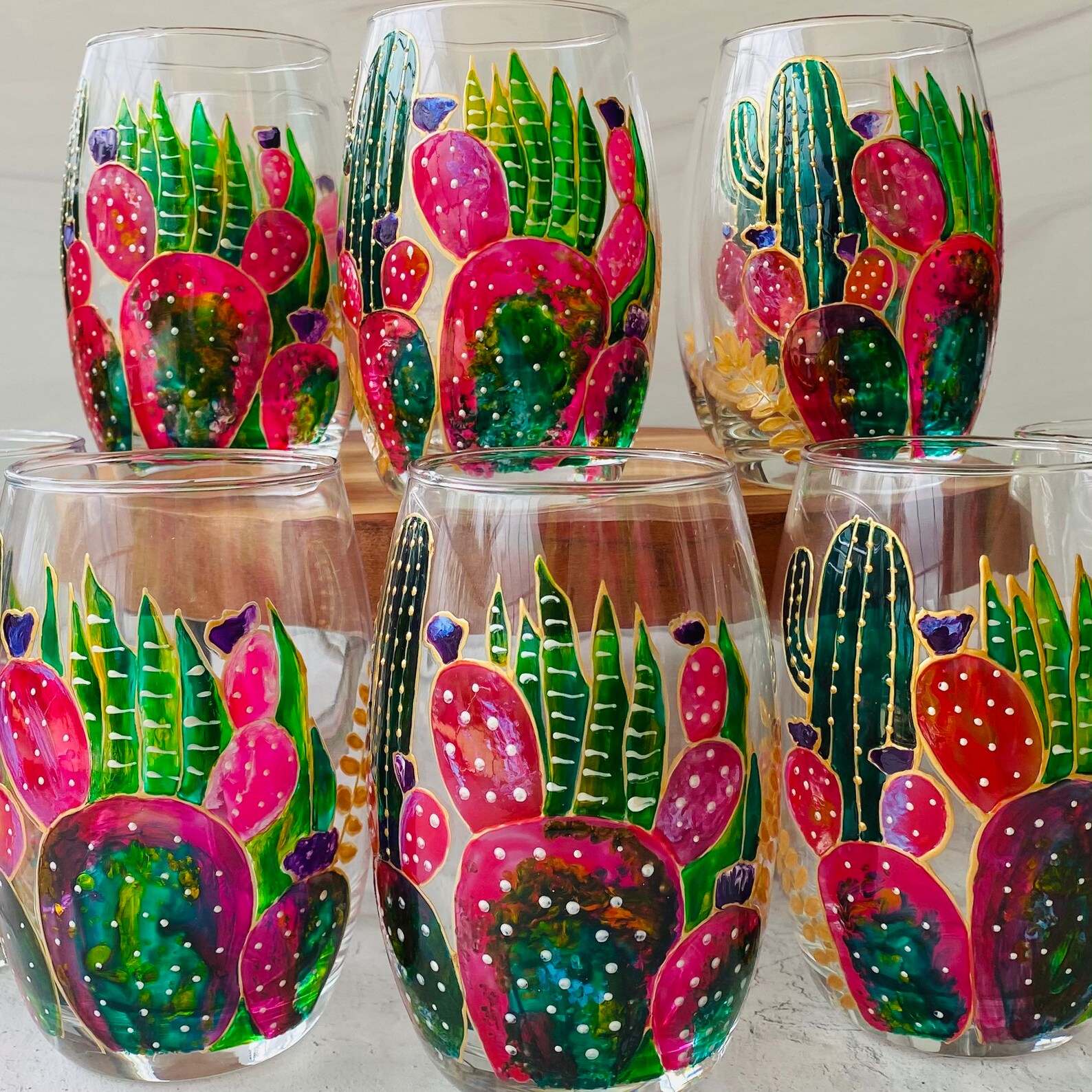 Cactus Hand Painted Wine Glasses Set of 2 Stemless Glassware - Etsy