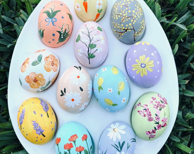 Floral Hand Painted Wooden Eggs, Painted Flowers Eggs for Spring and ...