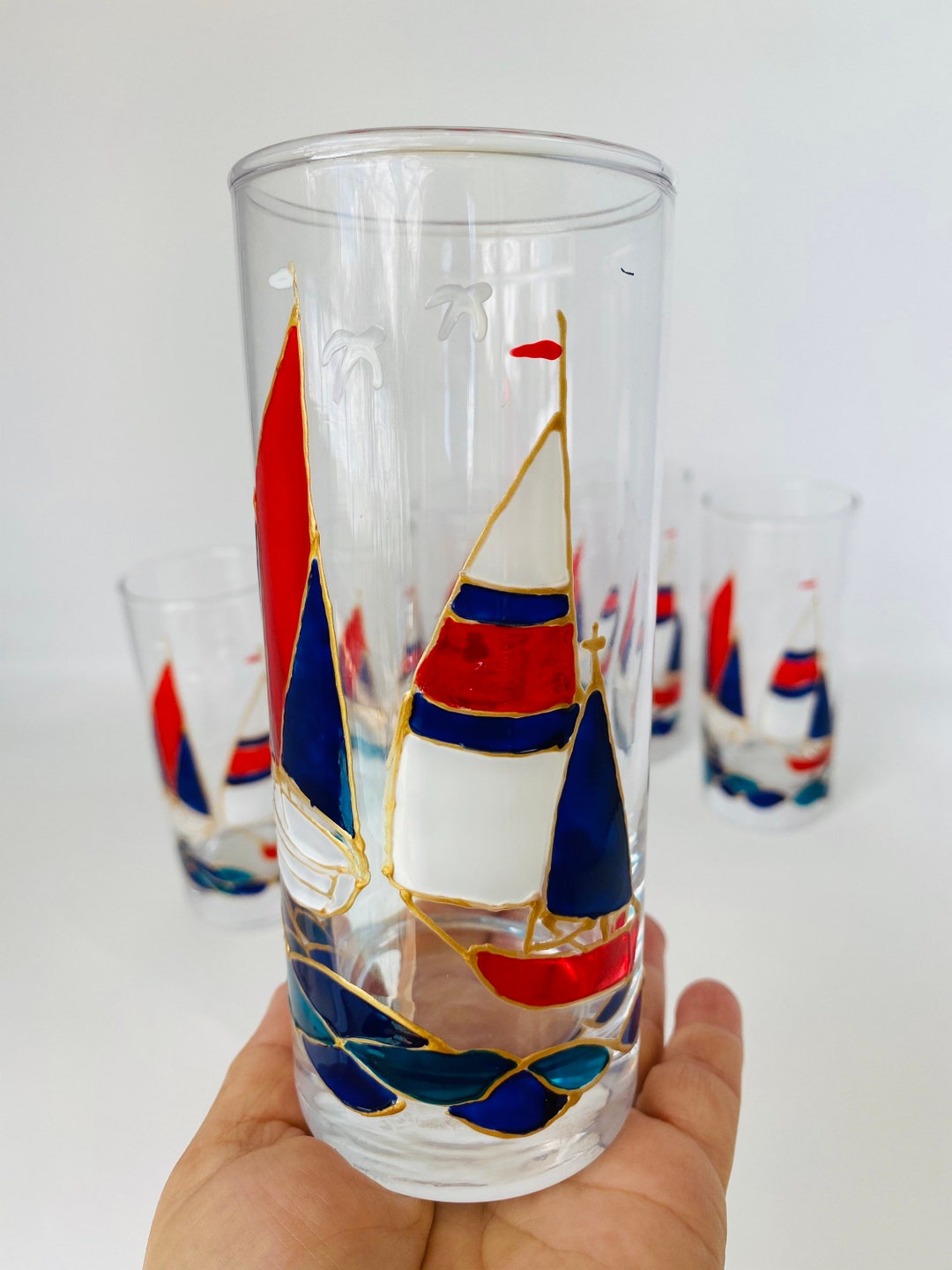 Sailboats Hand Painted Glass, Set of 2 Highball Glasses, Cocktail ...