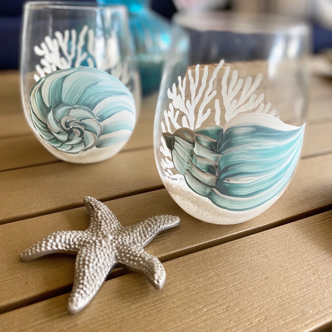 Shells Glasses, Set of 2 Hand Painted Wine Glasses , Beach Theme ...