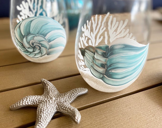 Shells Glasses, Set of 2 Hand Painted Wine Glasses , Beach Theme ...