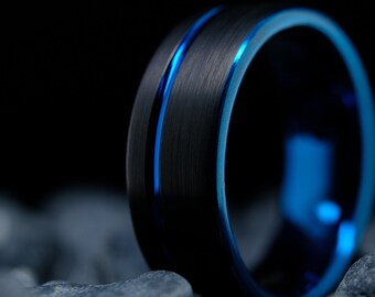 Unique Crushed Sapphire Men's Black Wedding Band Tungsten Carbide Ring 8mm Men Wedding Ring ...