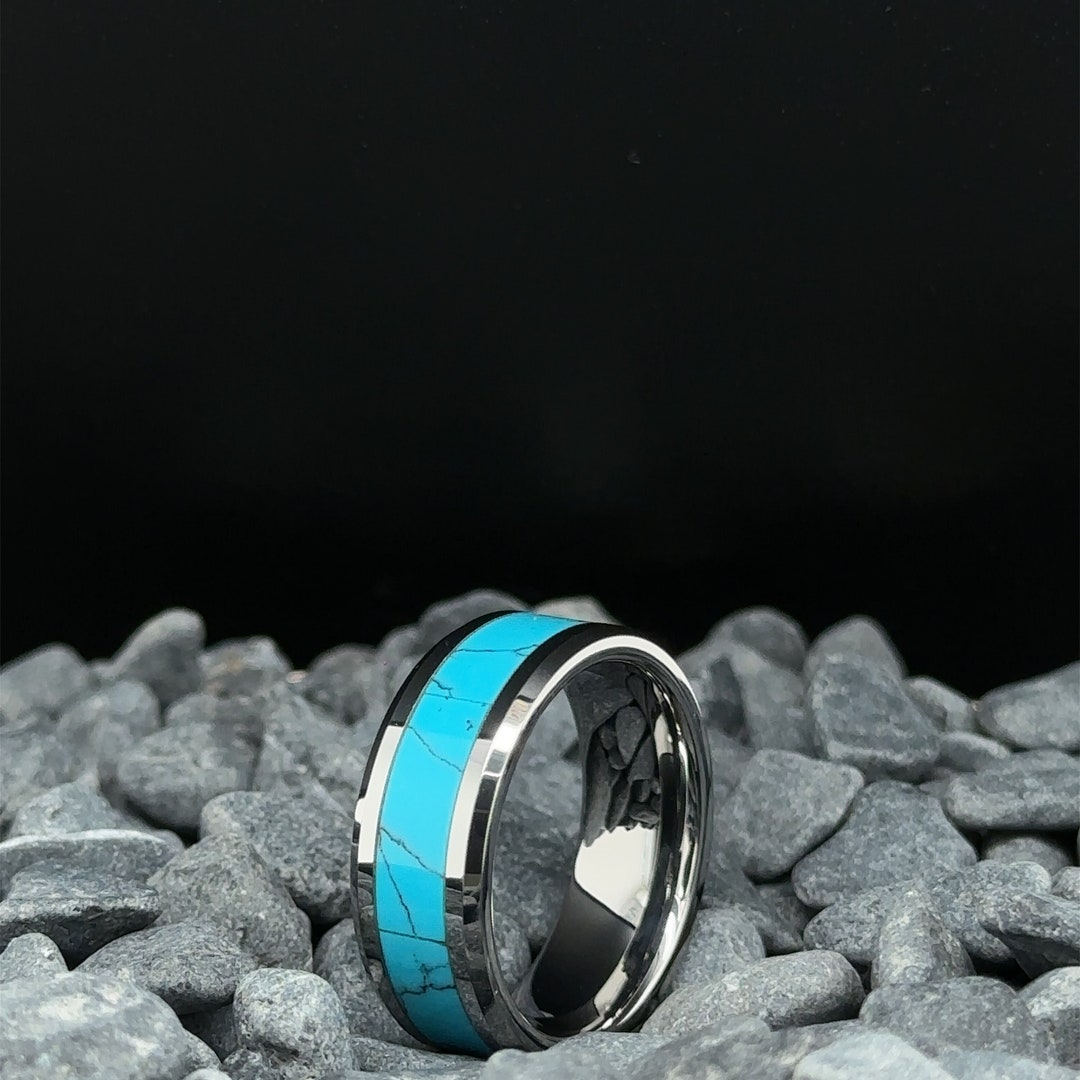 Tungsten Ring POLISHED Silver Band With Turquoise Inlay Finish 8mm Mens ...