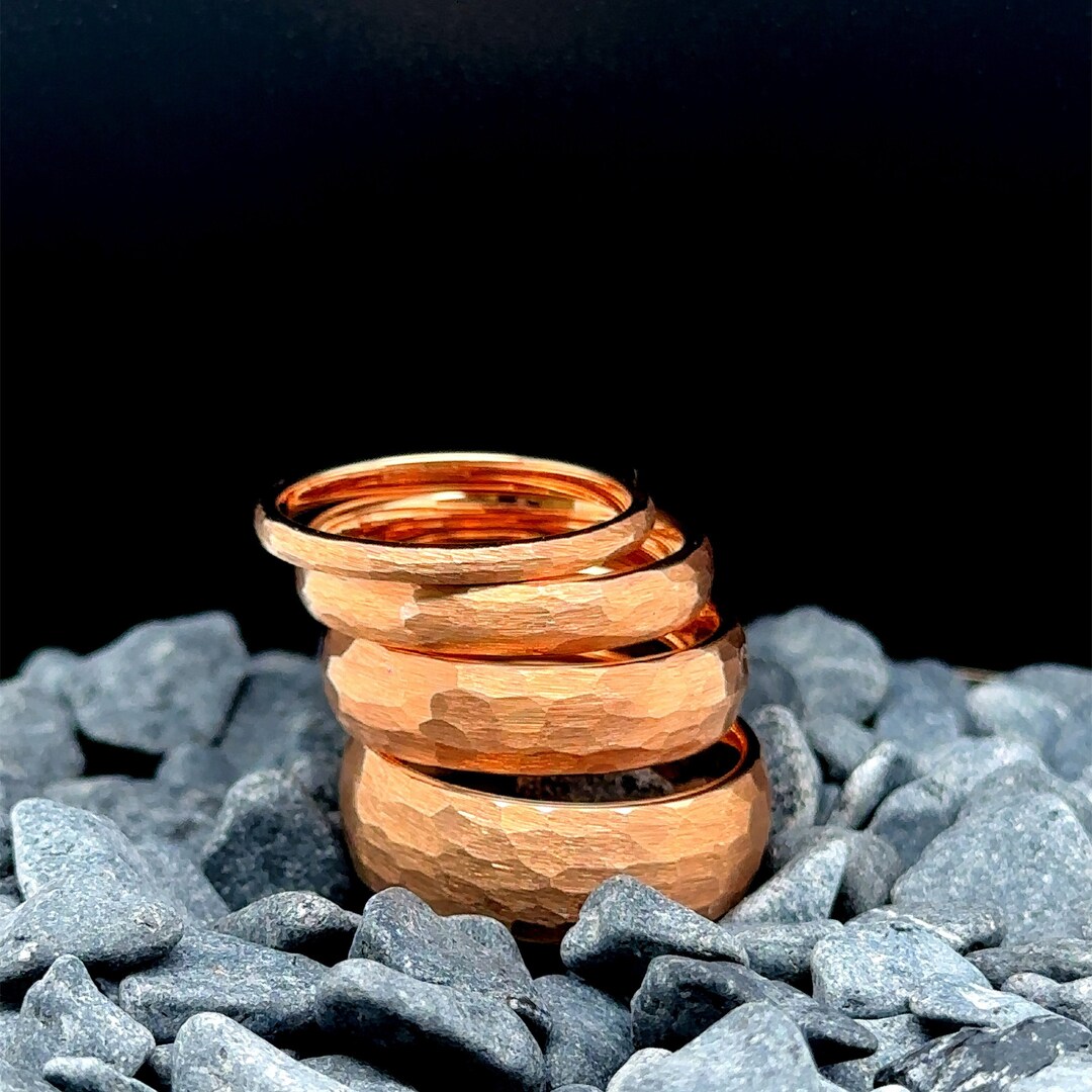 Rose Gold Hammer Tungsten Bands - His and Hers Tungsten Wedding Bands ...