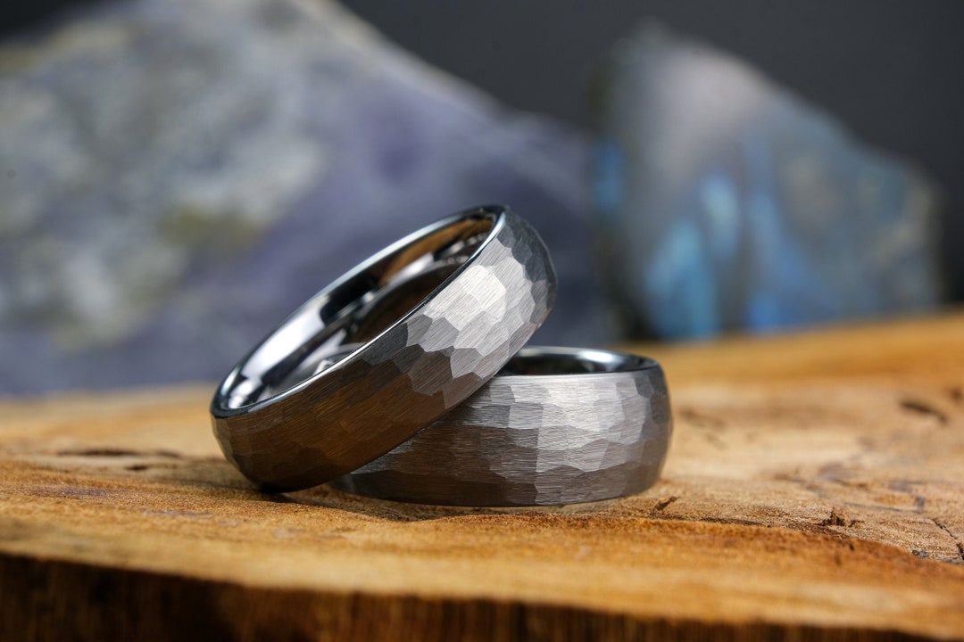 Silver Wedding Band Set - 8mm and 6mm Silver Hammered Rings - Matching ...