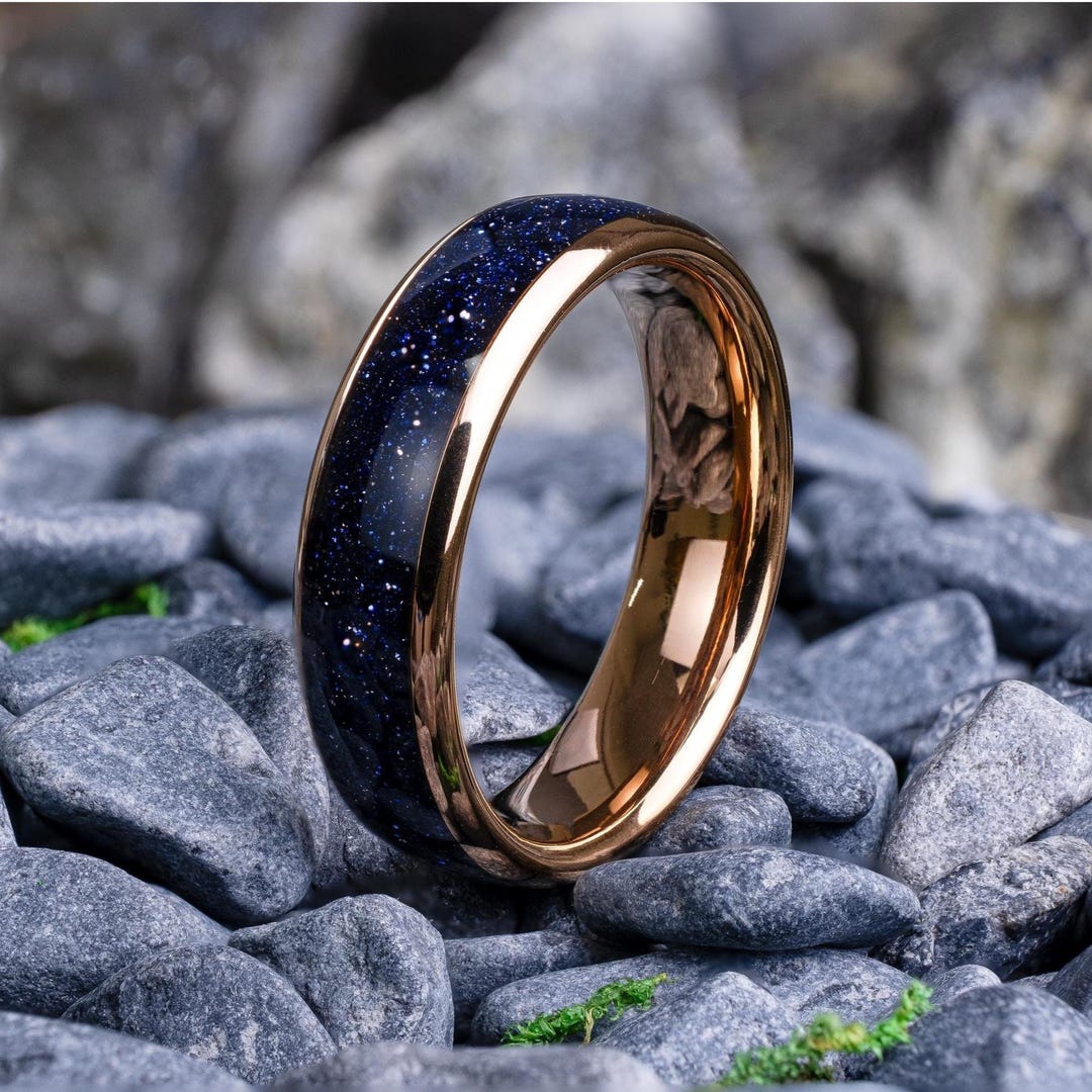 Blue Sandstone Nebula Ring 6mm - Rose Gold Tungsten Band - Unisex ...