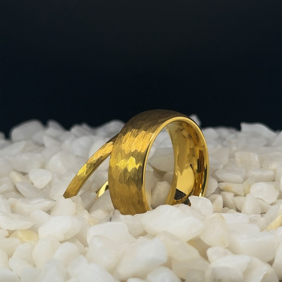 Hammered Yellow Gold Tungsten Rings Set - 2mm & 8mm Unisex Wedding ...