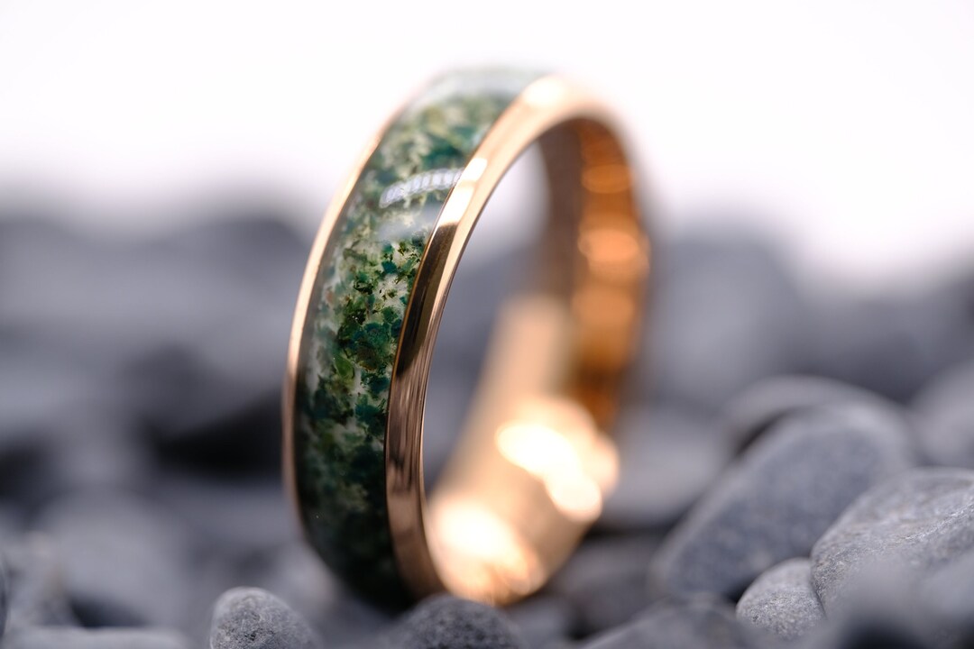 Rose Gold Moss Agate Tungsten Band - His and Hers Tungsten Wedding Ring ...