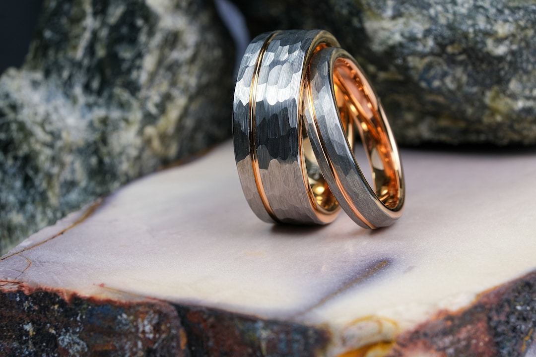 His and Hers Wedding Band Set - 8mm and 4mm Hammered Silver Rings ...