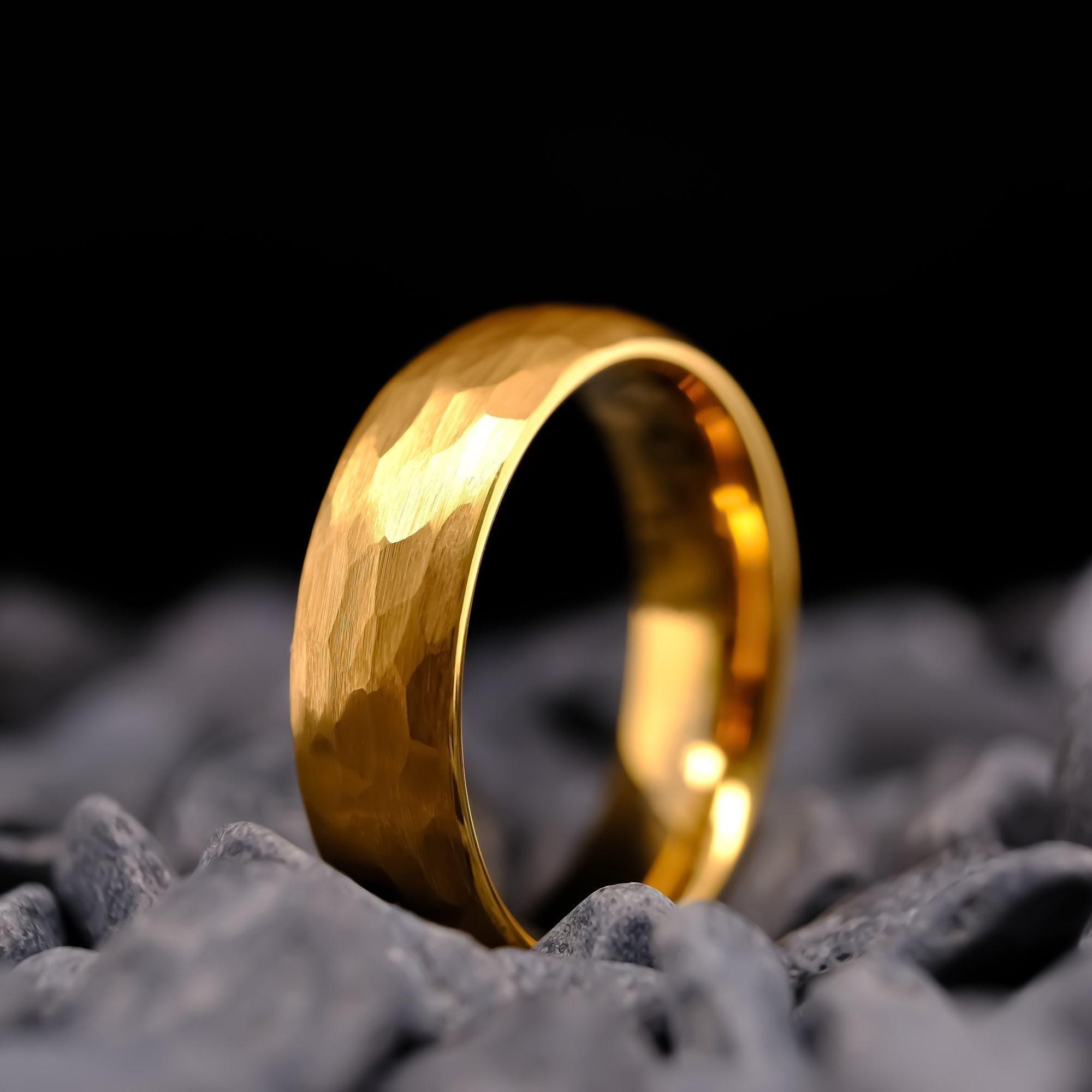 Hammered Yellow Gold Tungsten Wedding Band - 6mm Men's and Women's ...