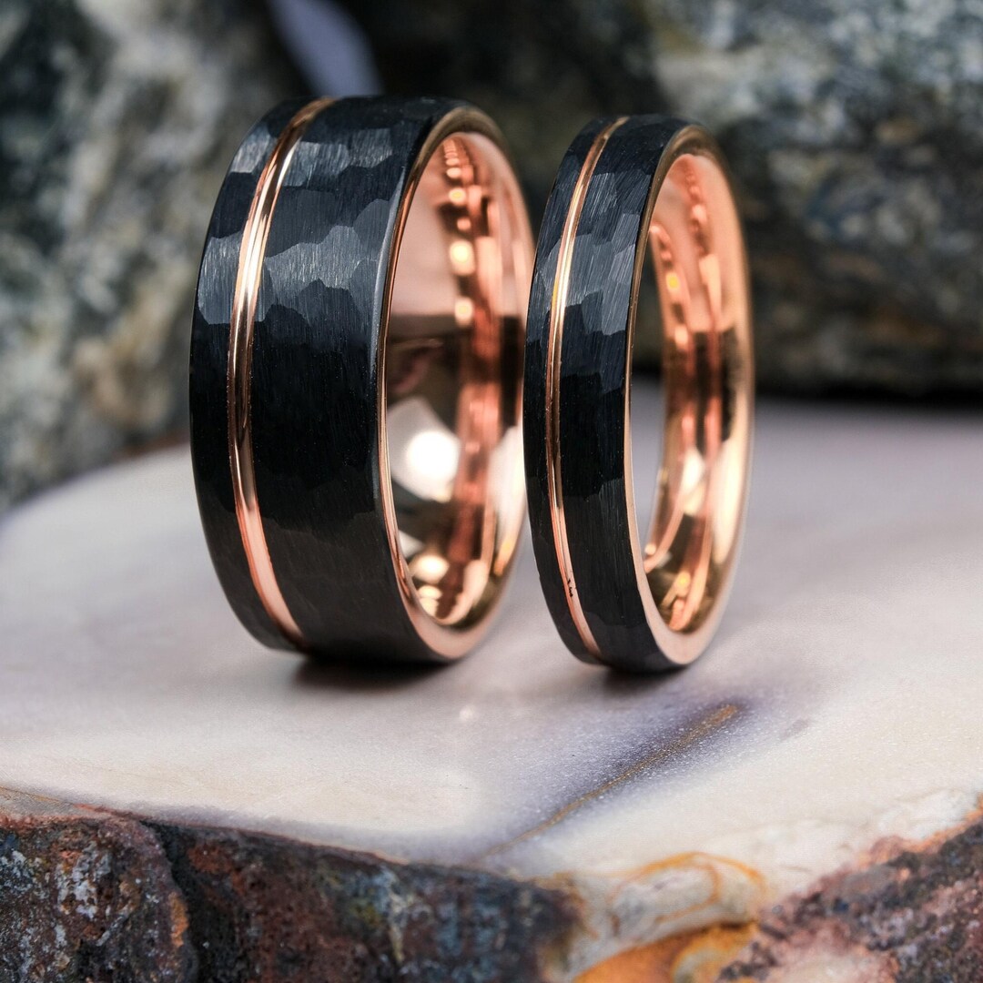 Tungsten Ring His and Hers Set - 8mm and 4mm Hammered Black Bands With ...
