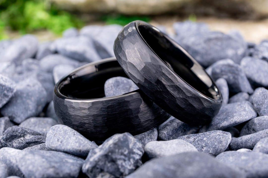His and Hers Obsidian Wedding Band Set - 8mm and 6mm Black Hammered ...
