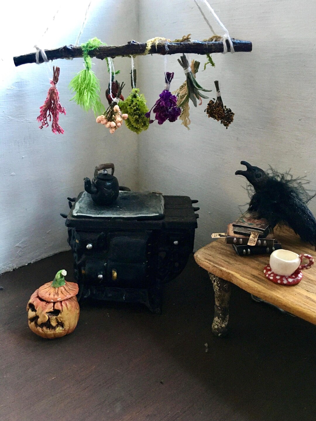 1:12 Scale Rustic Herb Rack and 8 Bunches of Real Dried Flowers Herbs ...