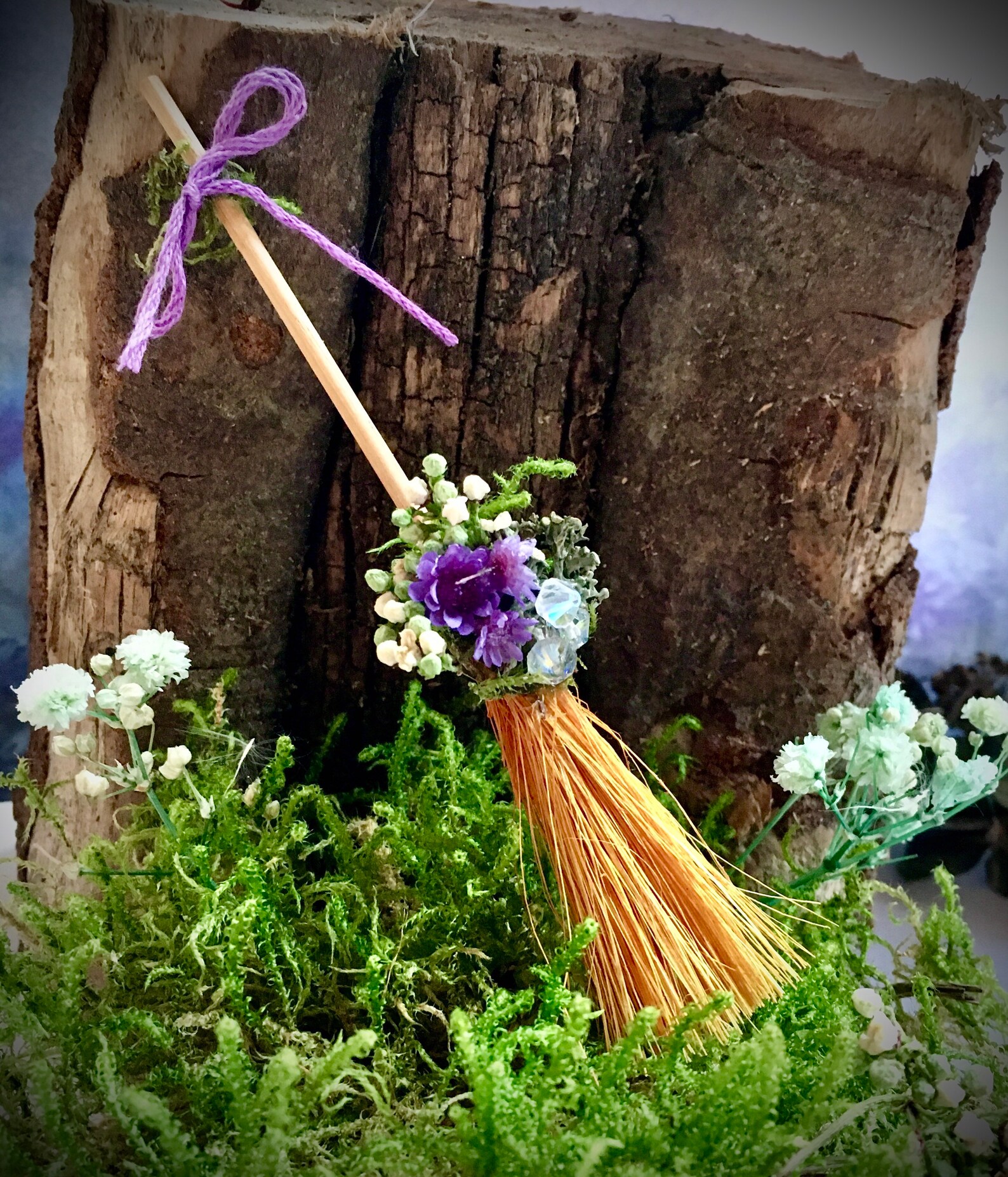 12th Scale Miniature Broomstick/besom With Real Quartz Crystals Moss ...