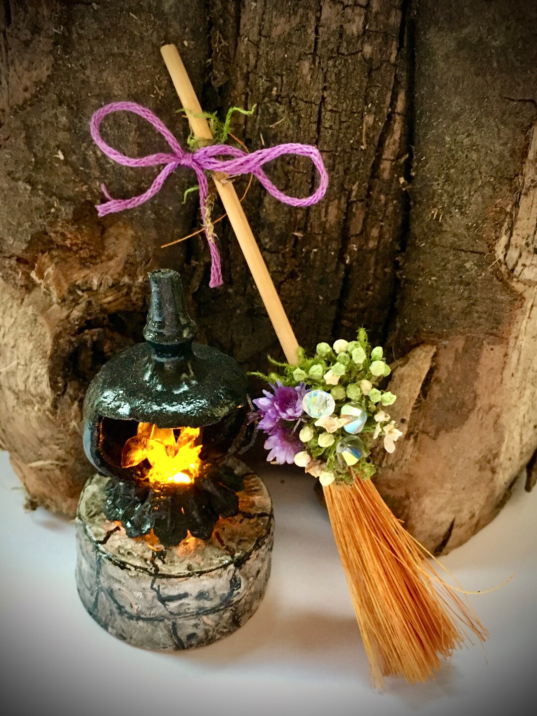12th Scale Miniature Broomstick/besom With Real Quartz Crystals Moss ...
